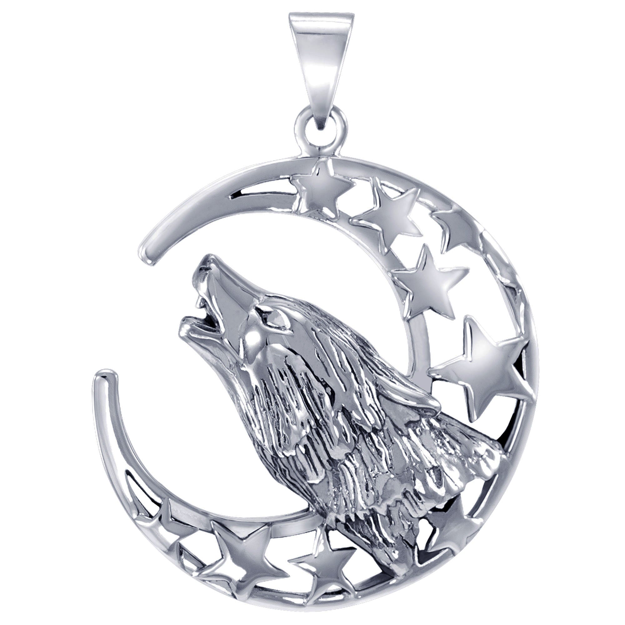 Howling Wolf at Moon Sterling Silver Pendant Necklace – Silver Insanity